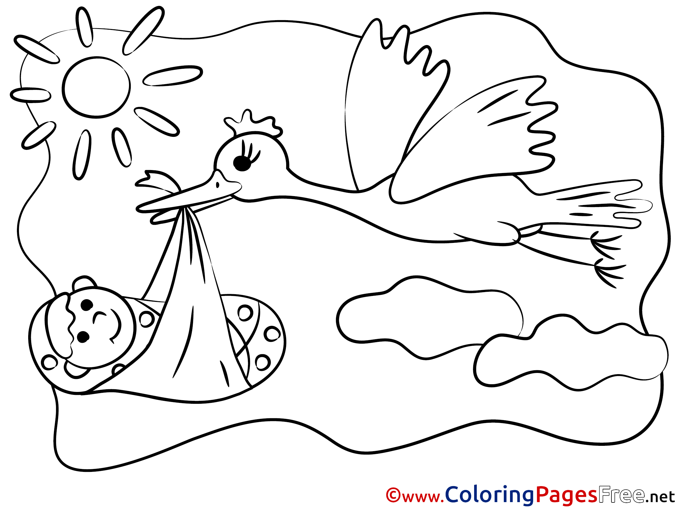 stork with baby coloring page
