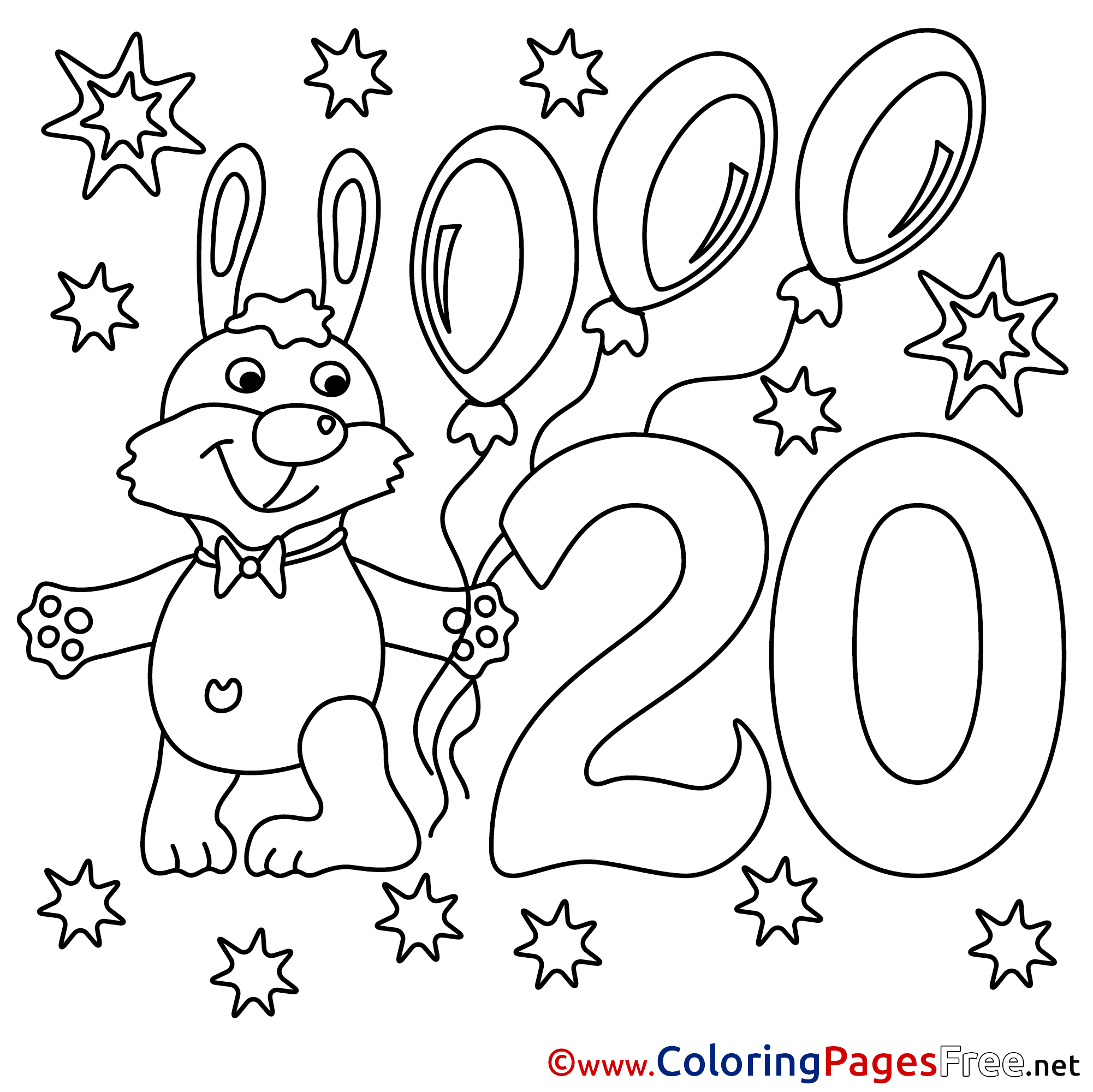 Rabbit 20 Years Colouring Sheet Download Happy Birthday