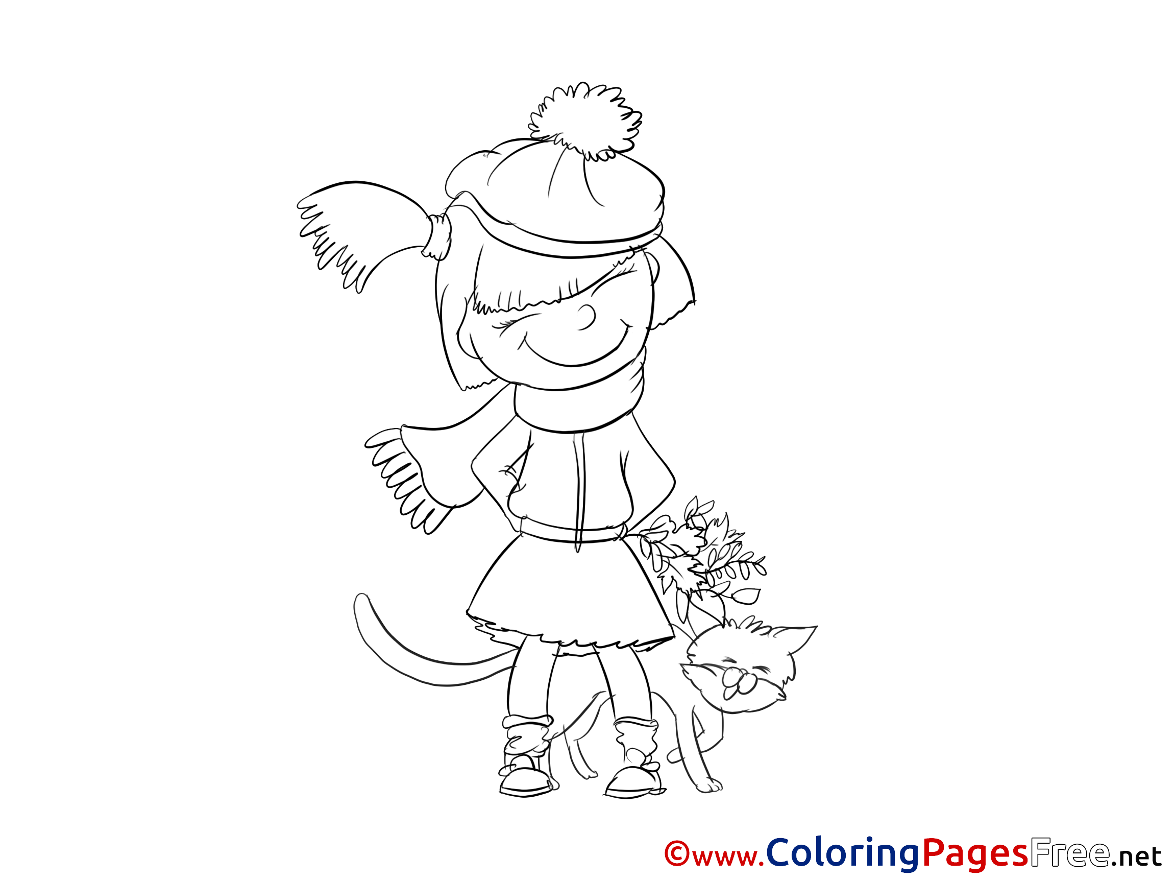Winter Girl free Colouring Page download Cat