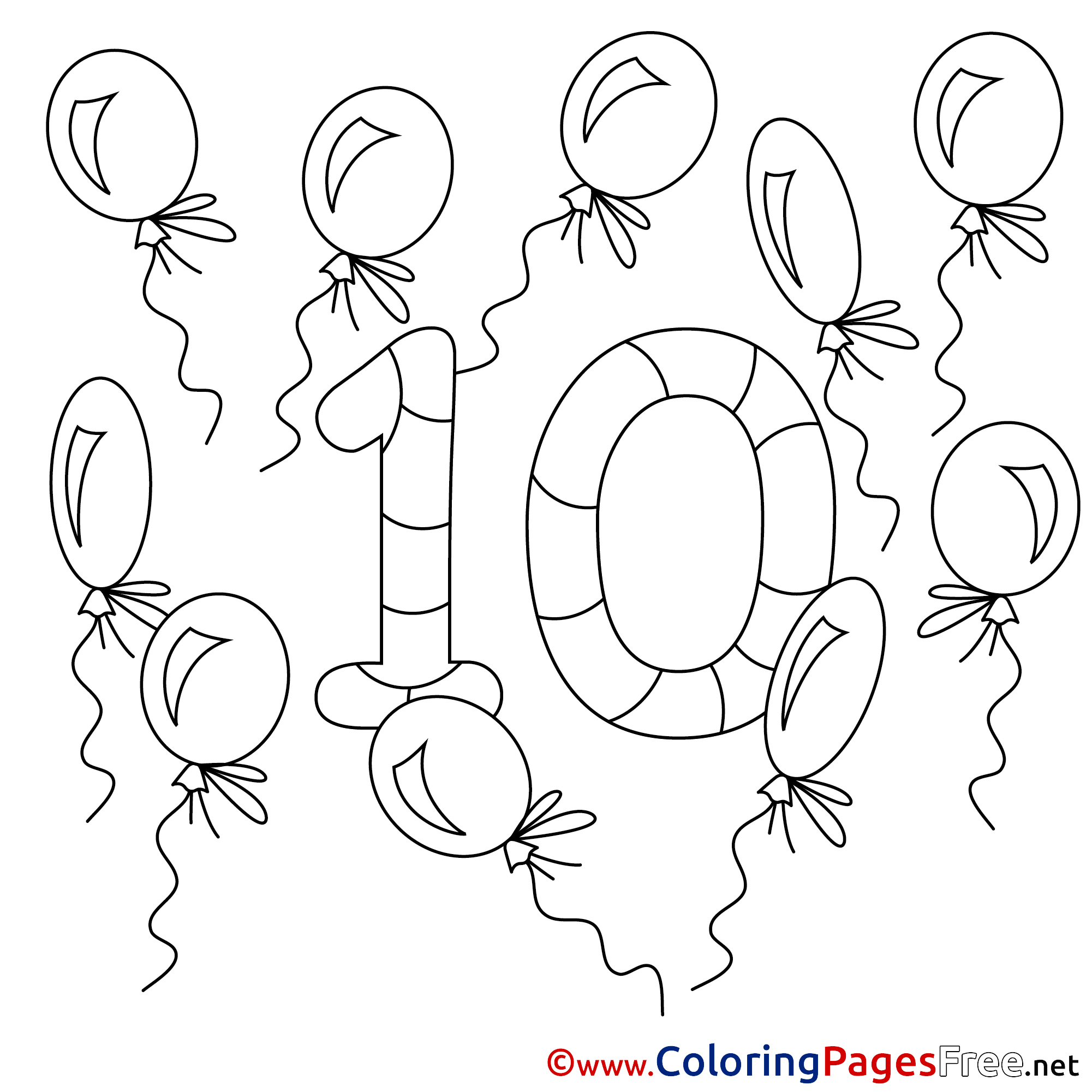 10 Balloons Numbers Coloring Pages download