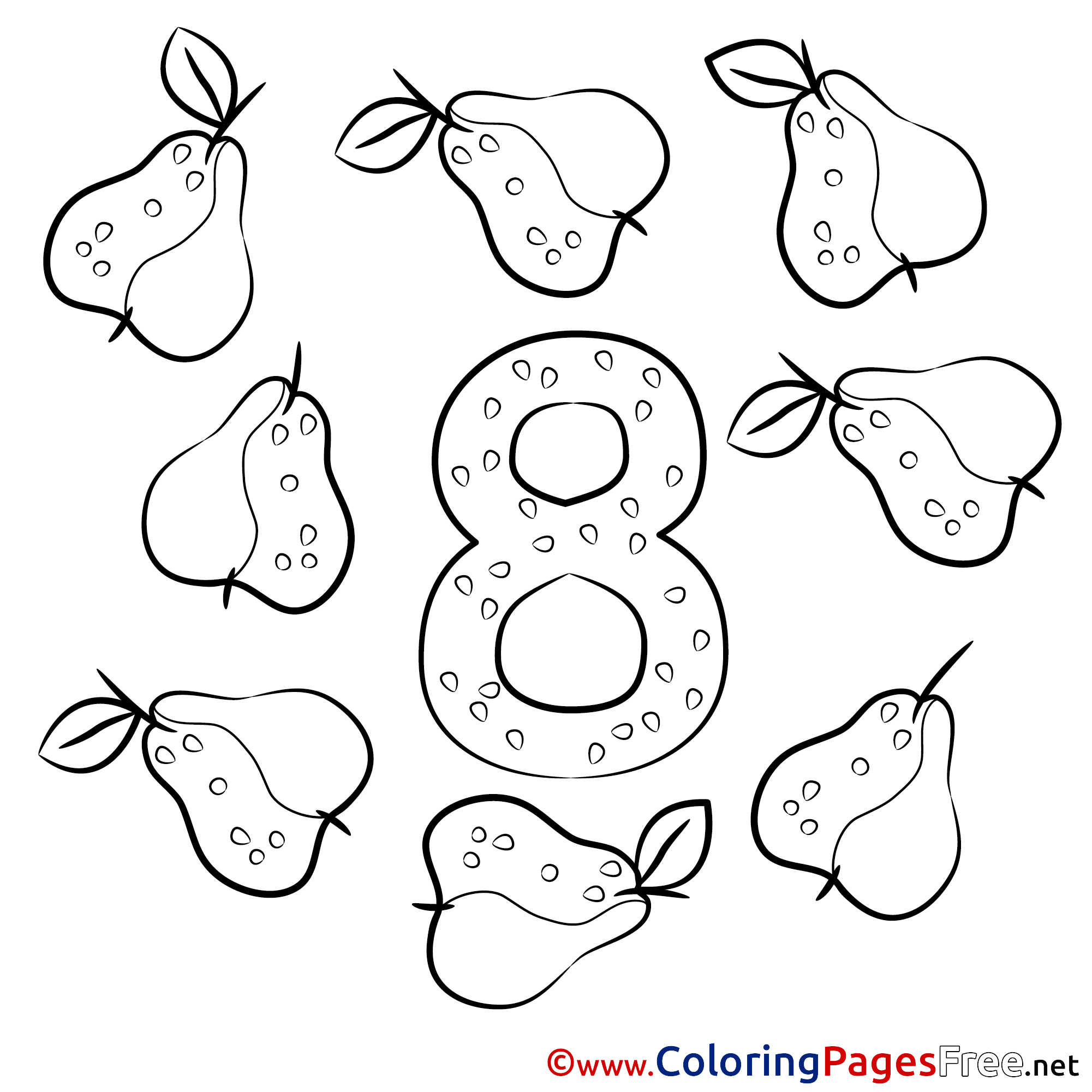 8 Pears Colouring Sheet download Numbers
