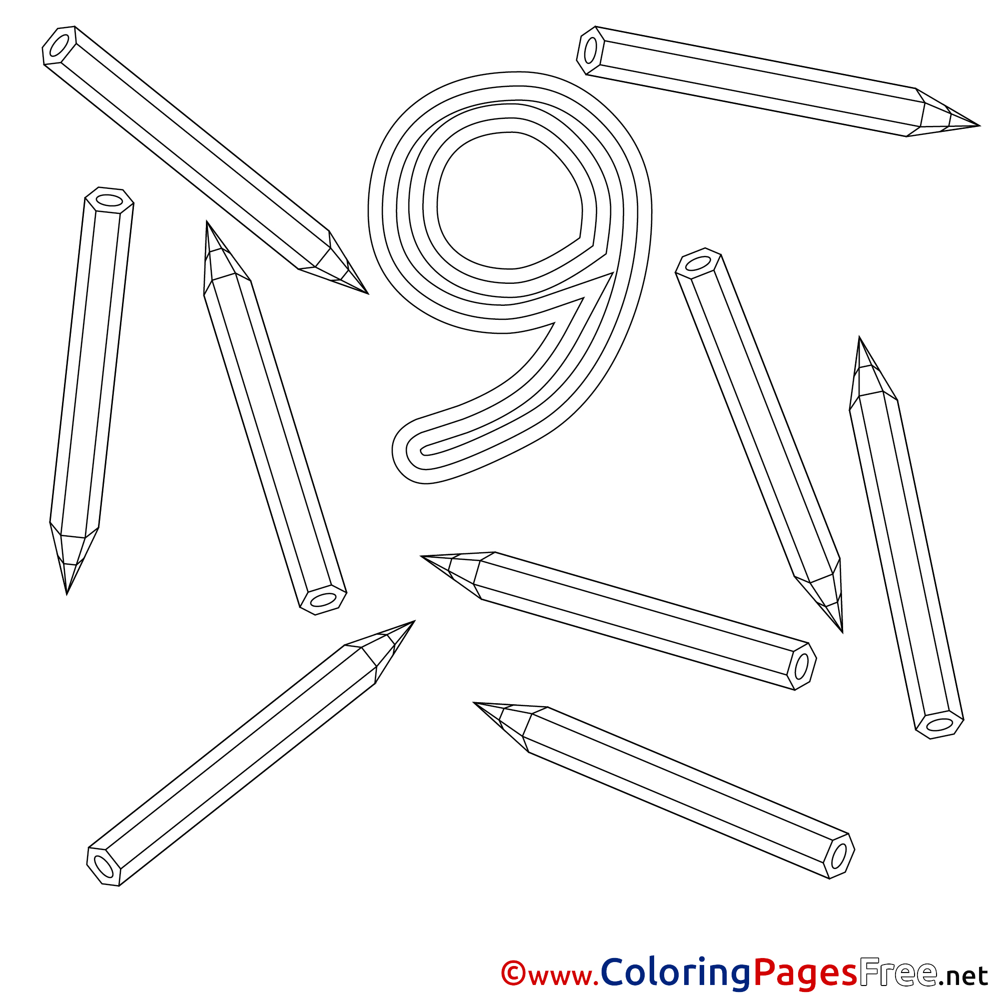 9 Pencils Kids Numbers Coloring Page