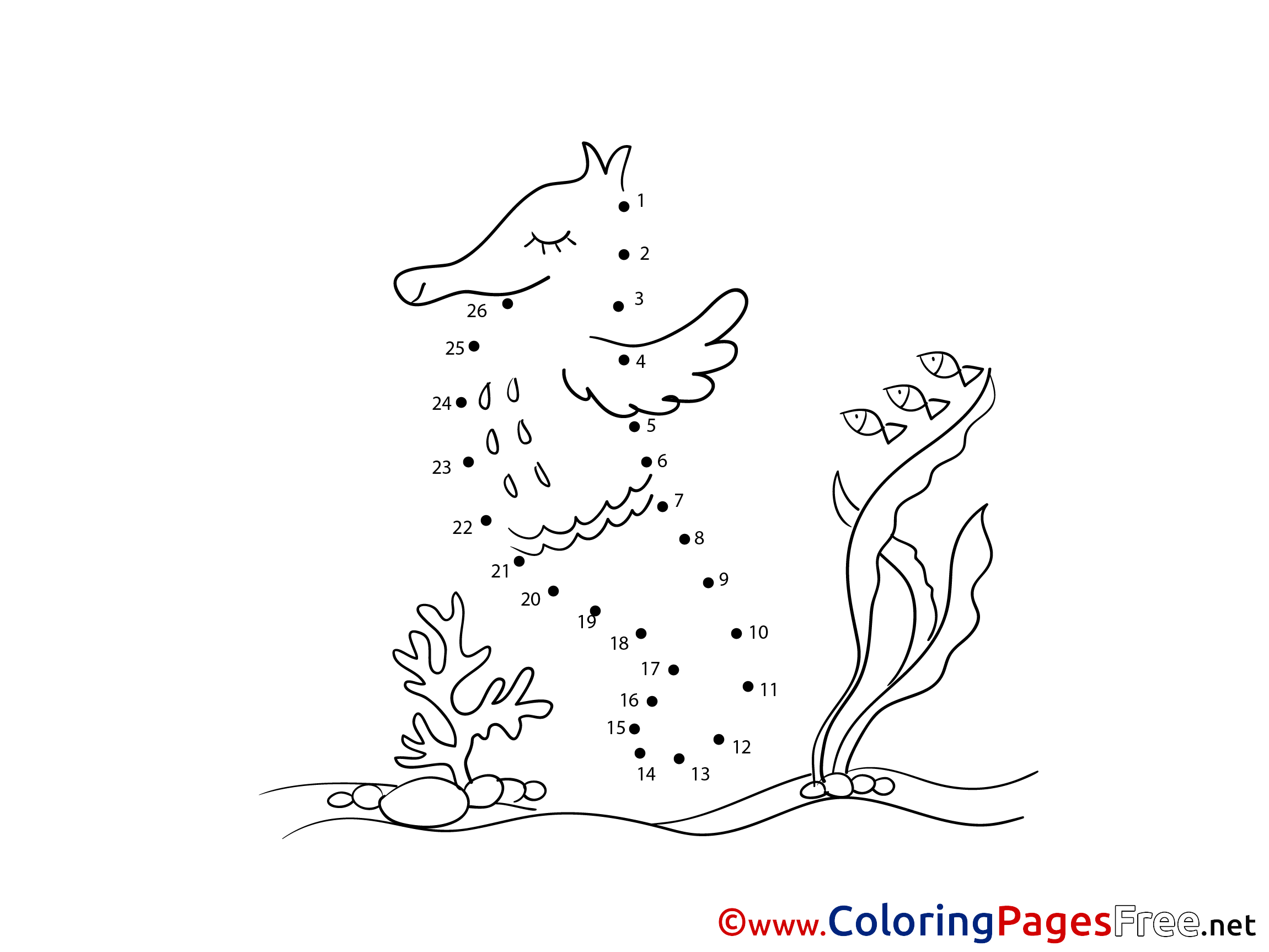 Sea Horse for Kids Painting by Number Colouring Page