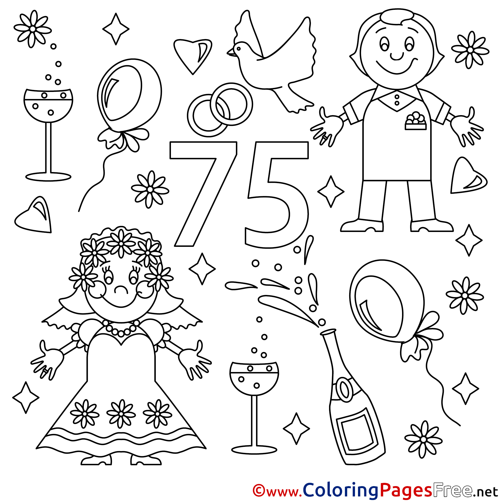 75 Years Wedding free Colouring Page download
