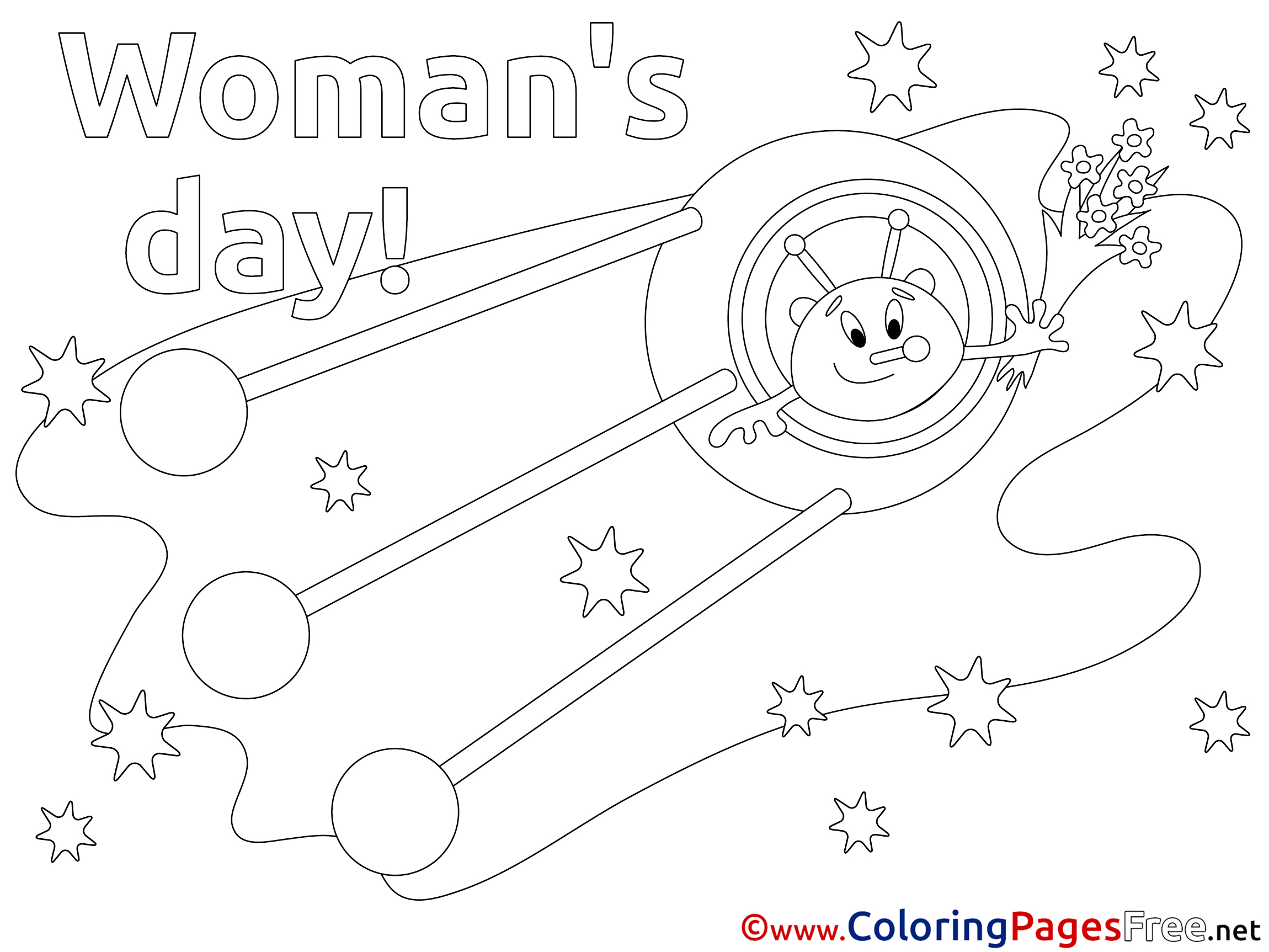 Rocket Alien Kids Women's Day Coloring Page